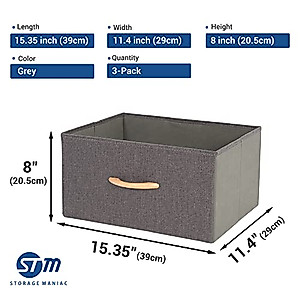 STORAGE MANIAC Storage Bins Extra Large, Foldable Storage Baskets with Handle, Fabric Clothes Storage Boxes for Shelves for Organizing Closet Shelf Nursery Toy 15.35"W x 11.4"D x 8"H, Grey 3-Pack