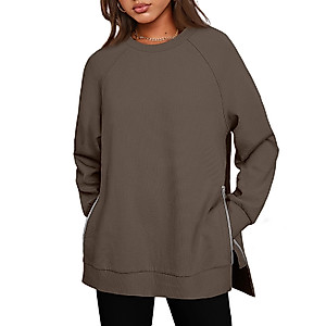 EFAN Womens Oversized Sweatshirts CrewNeck Pullover Soft Y2K Hoodies 2024 Fall Outfits Zipper Teen Girls Clothes Sweaters Coffee M