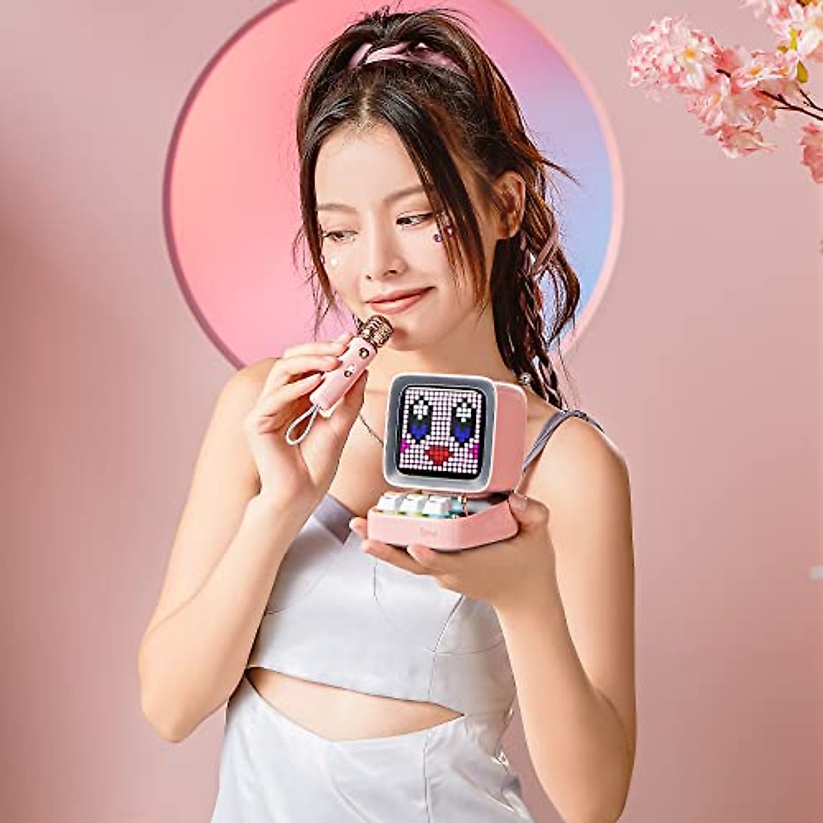 Divoom Ditoo-Mic Bluetooth Speaker with Karaoke Microphone - RGB Keyboard and Pixel Display Desktop Decor, Different Sound Modes, Ideal Gifts for Home Party, Mobile KTV (Pink)