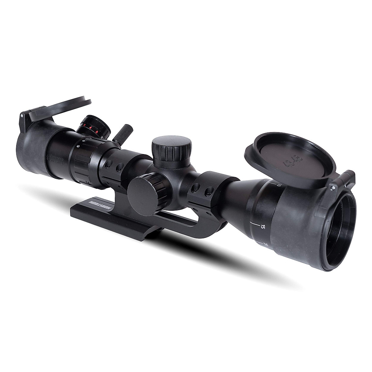 Monstrum 3-9x32 Rifle Scope with Rangefinder Reticle | ZR250 H-Series Offset Scope Mount | Monstrum Flip Up Lens Cover Set | Bundle
