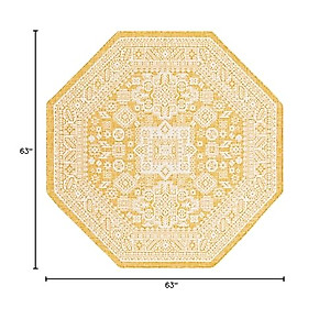 Rugs.com Outdoor Aztec Collection Rug – 5 Ft Octagon Yellow Flatweave Rug Perfect for Living Rooms, Kitchens, Entryways
