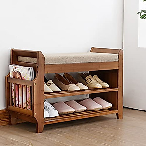 ZHFEISY Shoe Bench 2 Tier Shoe Rack Bamboo 6 Pairs Shoes with Sponge Cushion Storage Basket Shoe Rack Bench Organizer Brown for Home Living Room Entryway