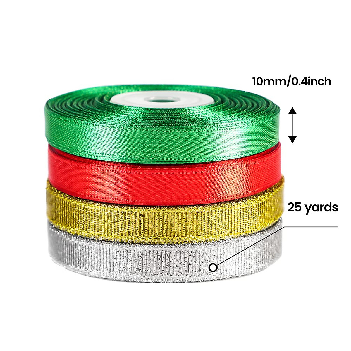 LIUYAXI 4 Rolls 3/8" Christmas Ribbon - Glitter Metallic Ribbon & Satin Ribbons Set, Total 100 Yards Xmas Holiday Festival for Gift Wrapping, Crafts, Festival Ornaments, Wedding Party Decoration