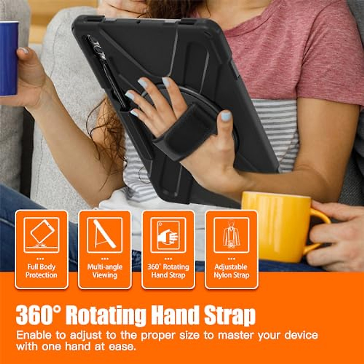 for Samsung Galaxy Tab S7 FE SM-T730 T733 T736 Case 12.4 inch Tablet Case 3 in 1 Hard Plastic Frame + Double Silicone [Hand Strap & Shoulder Strapp] - H