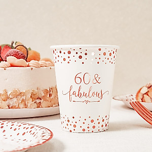 Crisky Rose Gold Foil 60 Fabulous Napkins Plates Cups Set for Women 60th Birthday Party Decorations Supplies, Disposable Tableware Set of 24 (9" Plates, 7" Plates, Luncheon Napkins, 9oz Cups)