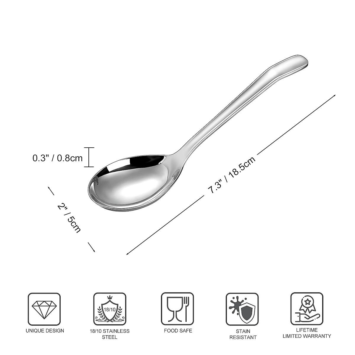 KEAWELL Premium 7.3 Inches Soup Spoons with Hook Handle, Set of 4, 18/10 Stainless Steel, Deep Bowl, Perfect for Ramen, Pho, Miso, Dumplings, Noodles, Wonton, Dishwasher Safe (Curved-Handle)