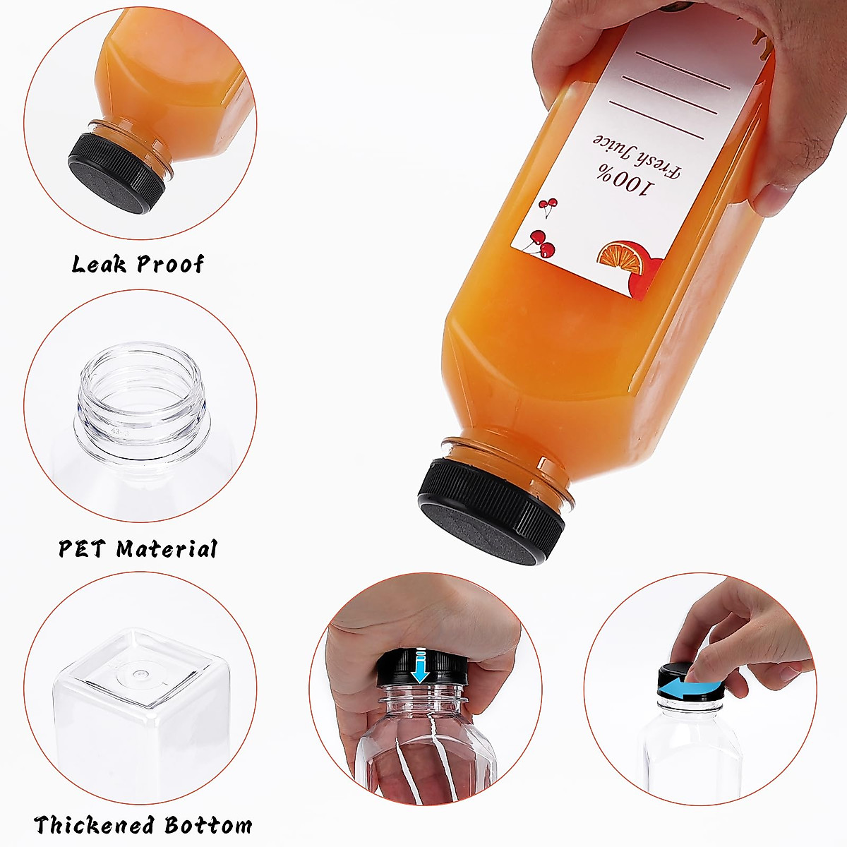 OBKJJ Plastic Juice Bottles 150 pcs 16 oz Empty Plastic Water Bottles with Caps Reusable Clear Beverage Containers for Drinking, Juicing, Smoothie, Water with 2 Brushes, 2 Funnels (16-OZ)