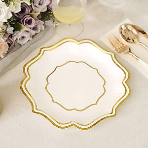 Tableclothsfactory 25 Pack | White/Gold 8" Scallop Rim Dessert Party Paper Plates, Disposable Appetizer Salad Plates - 300 GSM