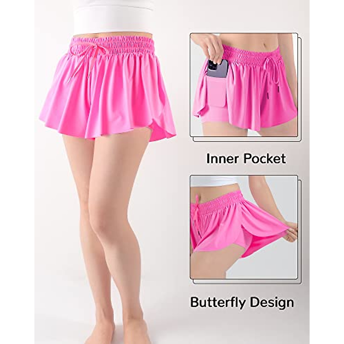 BOOPH Girls Flowy Shorts Athletic Butterfly Shorts Girls with Inner Pockets for Running Tennis Rose Red 13-14Y