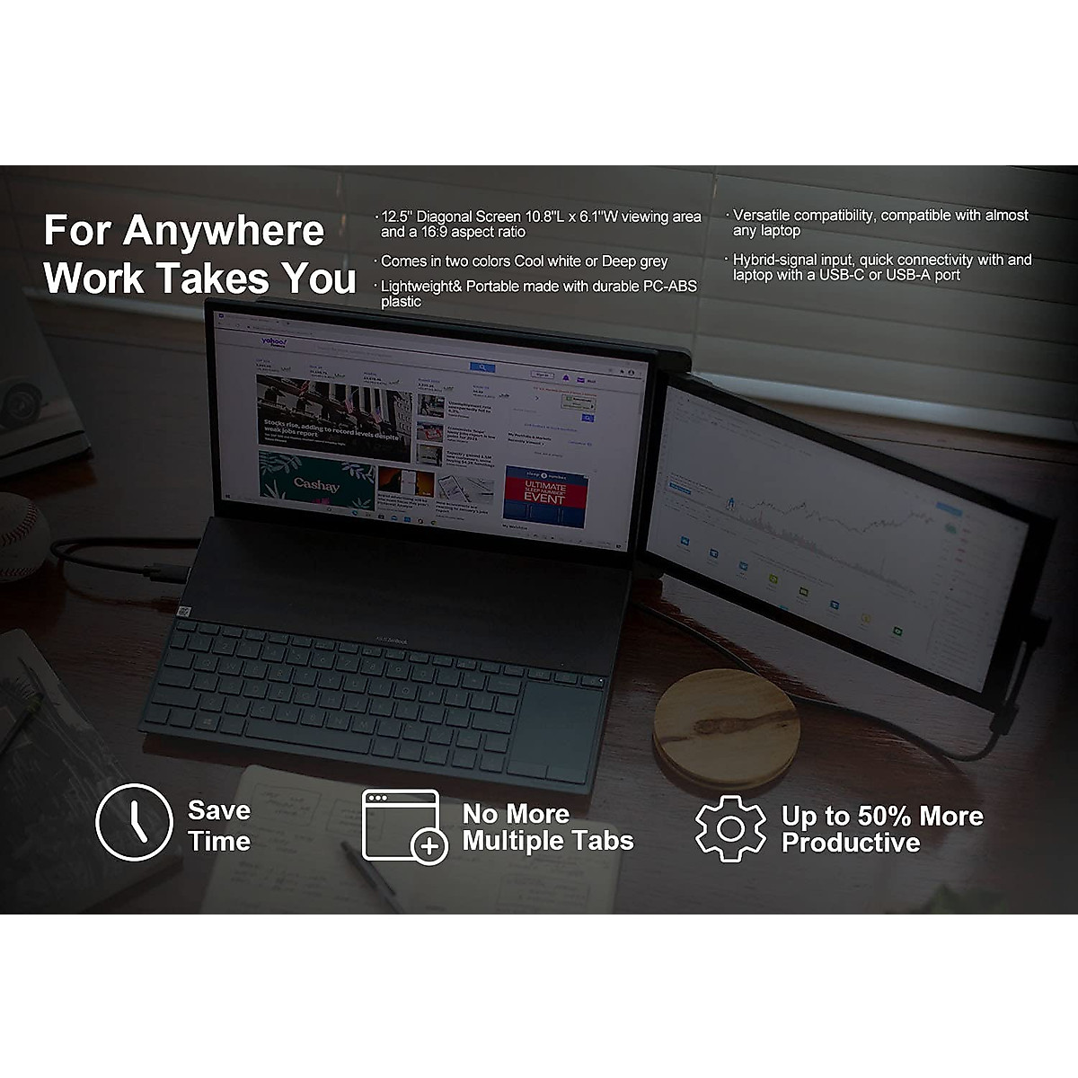 Duex Lite Portable Monitor for Laptop, 【2021 Upgrade】 Mobile Pixels 12.5" Full HD IPS Dual Monitor for laptops, USB C/USB A Powered Plug and Play Portable Display,Windows/Apple Compatible (1pc White)