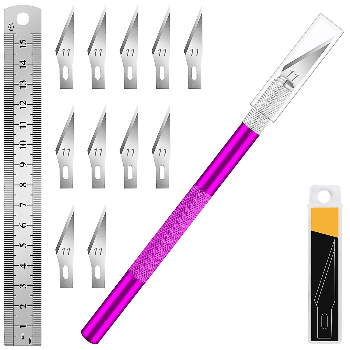 DIYSELF 1 Pcs Craft Knife Hobby Knife Exacto Knife with 11 Pcs Stainless Steel Exacto Blade Kit, 1pcs Steel 15CM Ruler for Art, Scrapbooking, Stencil (Purple)