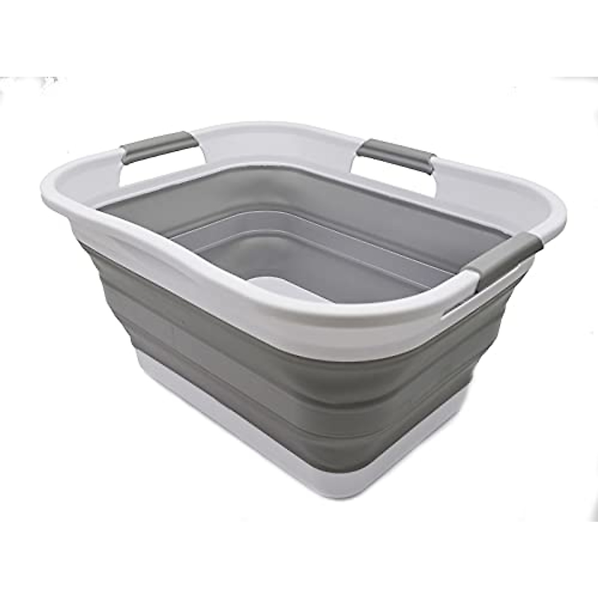 SAMMART 30L (8 gallon) Collapsible Plastic Laundry Basket - Foldable Pop Up Storage Container/Organizer - Portable Washing Tub - Space Saving Hamper/Basket - Water Capacity 24L(6.3 gallon) (1, White/Grey)