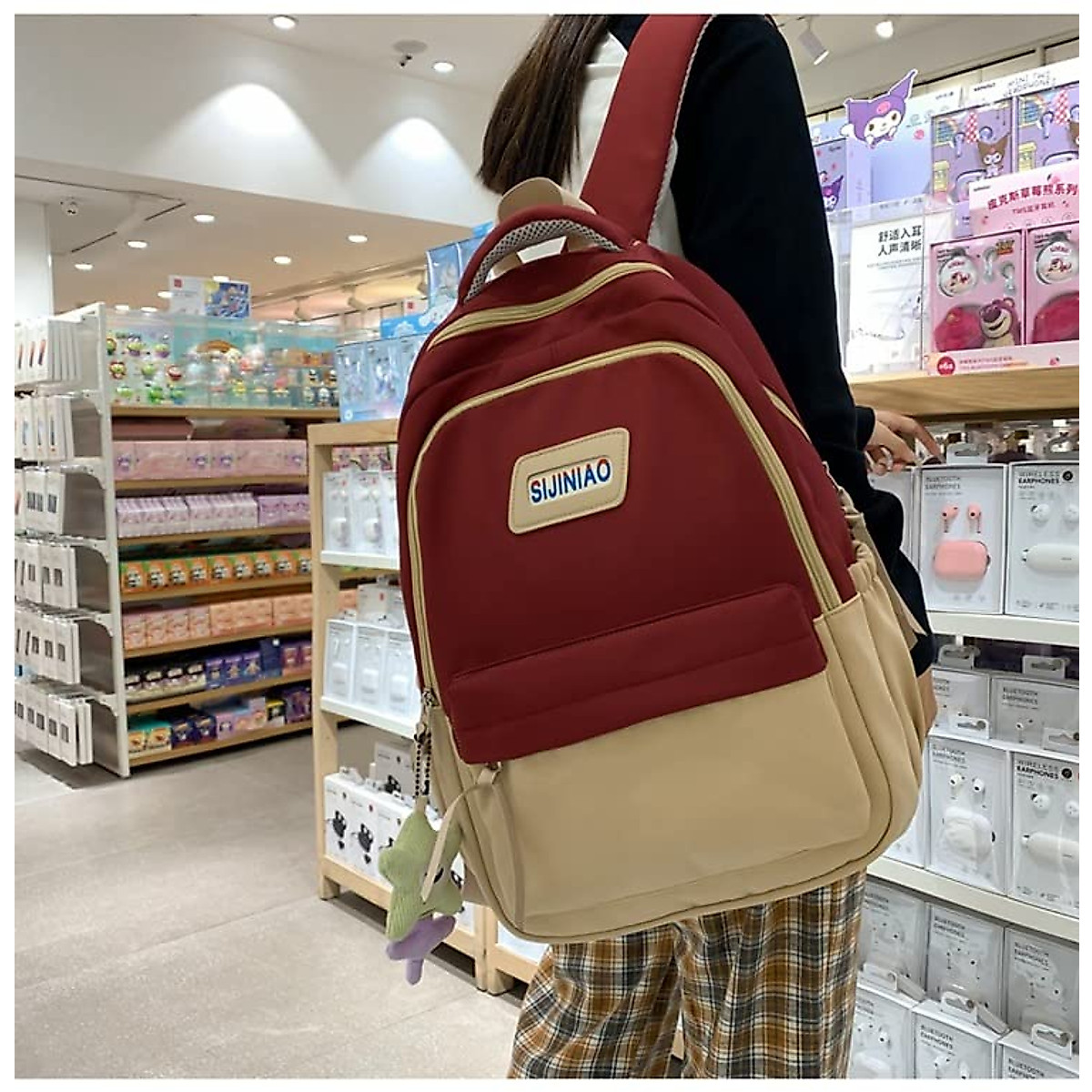 MININAI Preppy Backpack with Plushies Korean Patchwork Laptop Backpack Kawaii Casual Daypack Aesthetic College Backpack (One Size,Red)