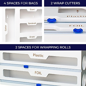 Forever Home 6 IN 1 Ziplock Bag Organizer, Bamboo Foil & Plastic Wrap Organizer for Kitchen Drawer - Compatible with Ziplock Gallon, Quart, Sandwich, Snack, Aluminum Foil etc - White