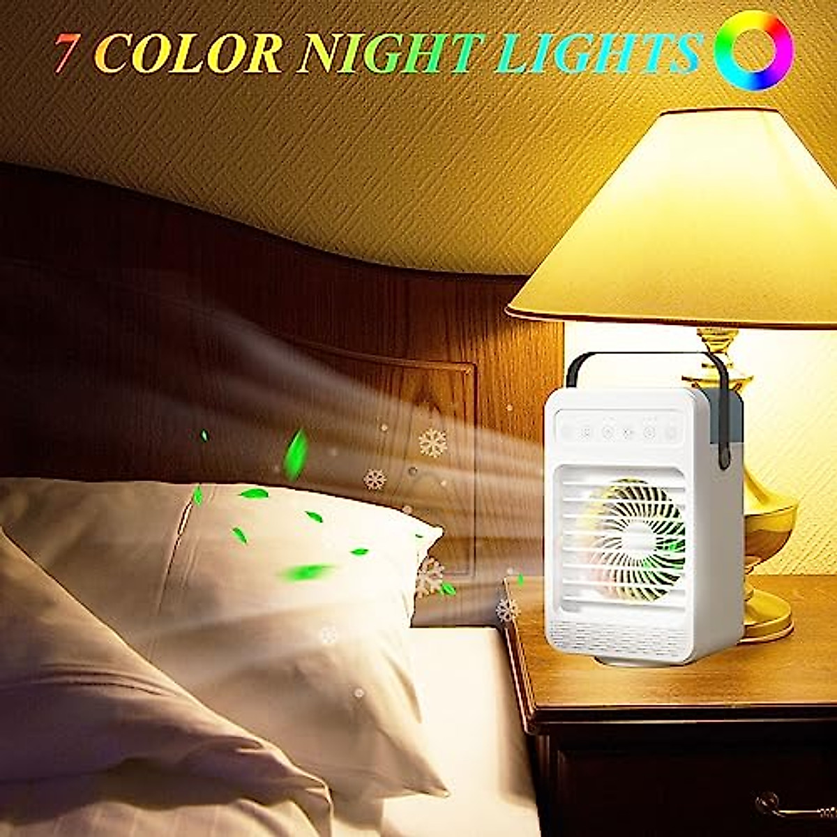 Trovono Portable Air Conditioner Fan,Mini Personal Air Cooler with 4 Wind Speed,2/4/6H Timer,600ML Tank,Rainbow LED Light,120°Oscillating Cooling Fan,2 Spray,Low Noise,Desktop Office, Home, Bedroom