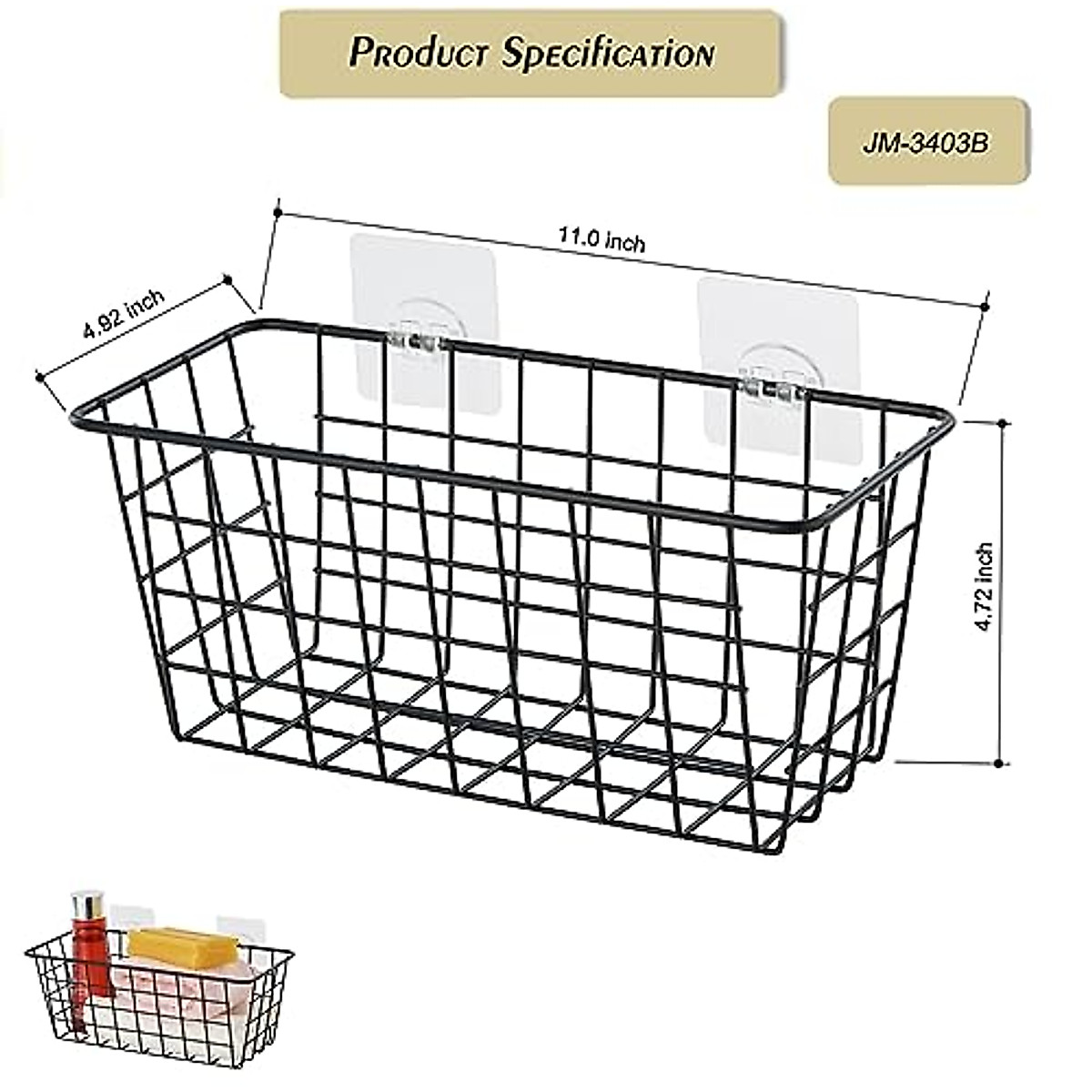 4 Pack Hanging Sorage Basket, Bathroom Basket, Household Goods Storage Basket, with Traceless Tape, no Drilling, for Cabinet Storage, Kitchen, Bathroom, Storage Room(4 Black)