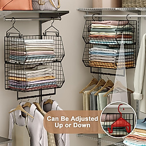 Yociyoga 2 Tier Closet Hanging Organizer with Rod, Foldable Hanging Closet Organizer, Hanging Closet Shelves with 4 Hooks,Wire Hanging Storage Basket Bins for Clothing Sweater Socks Bag Wardrobe Black