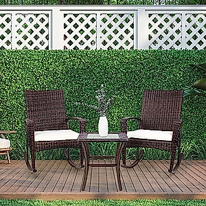 Niubya 3 Piece Wicker Rocking Chair Patio Furniture Sets, Outdoor Wicker Bistro Rattan Chair Conversation Sets with Cushions and Coffee Table, Beige and Brown