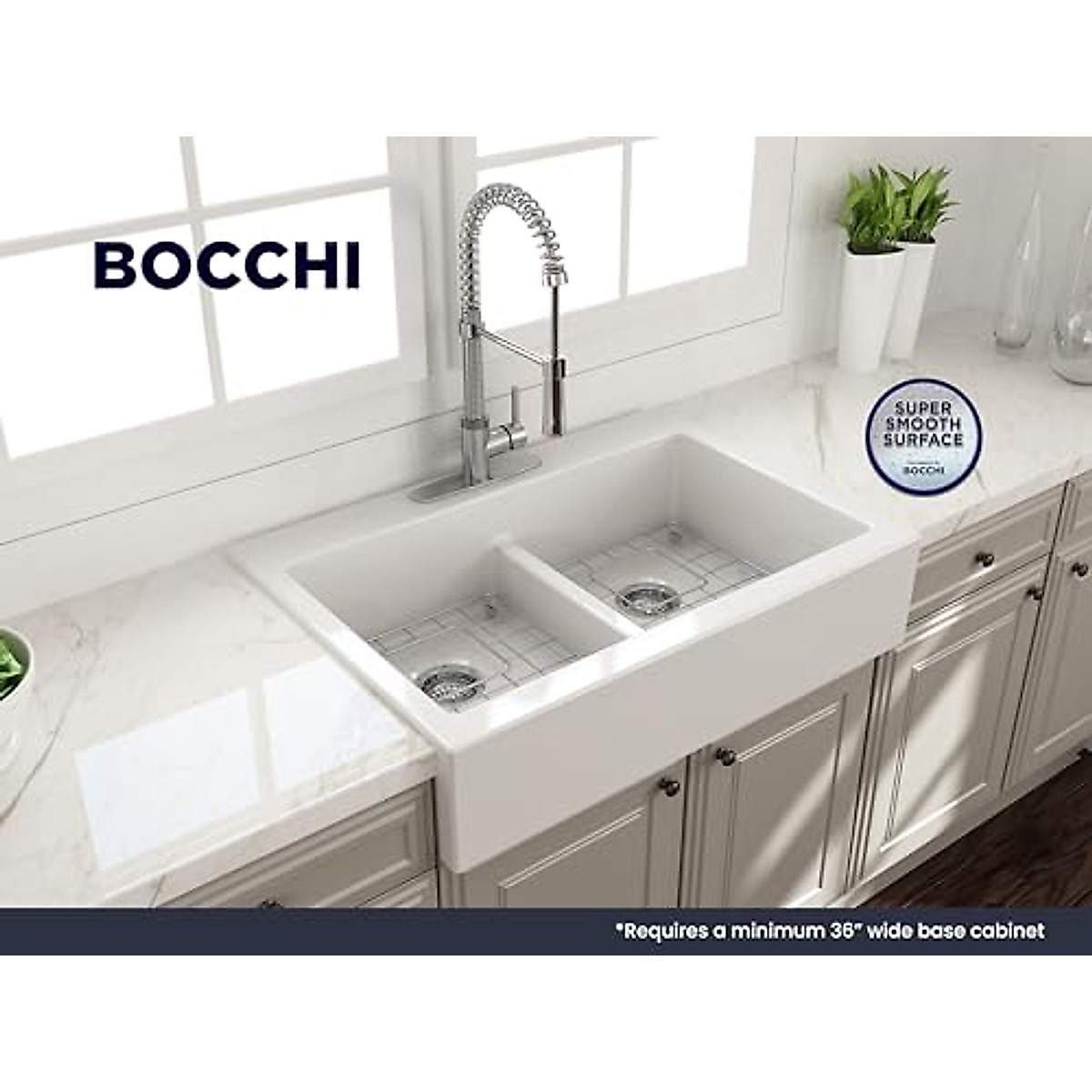 BOCCHI Nuova Apron Front Drop-In Fireclay 34 in. 50/50 Double Bowl Kitchen Sink with Protective Bottom Grids and Strainers in White
