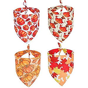 PTDECOR 4 Pack Thanksgiving Dog Bandanas Fall Autumn Dog Puppy Bandana Adjustable Dog Triangle Scarf Turkey Leaf Pumpkin Pattern Dog Thanksgiving Bandanas for Small Medium Dogs Pets