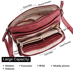 OB OURBAG Solid Multi-pockets Casual PU Leather Crossbody Shoulder Bags for Women (Red)