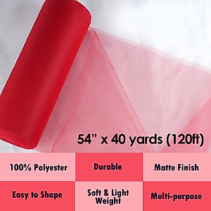 Craft And Party, Red Fabric Tulle Roll 54 Inch by 40 Yards (120 ft) Fabric Tulle Bolt for DIY Tutu Skirt, Wedding and Decoration (Red)