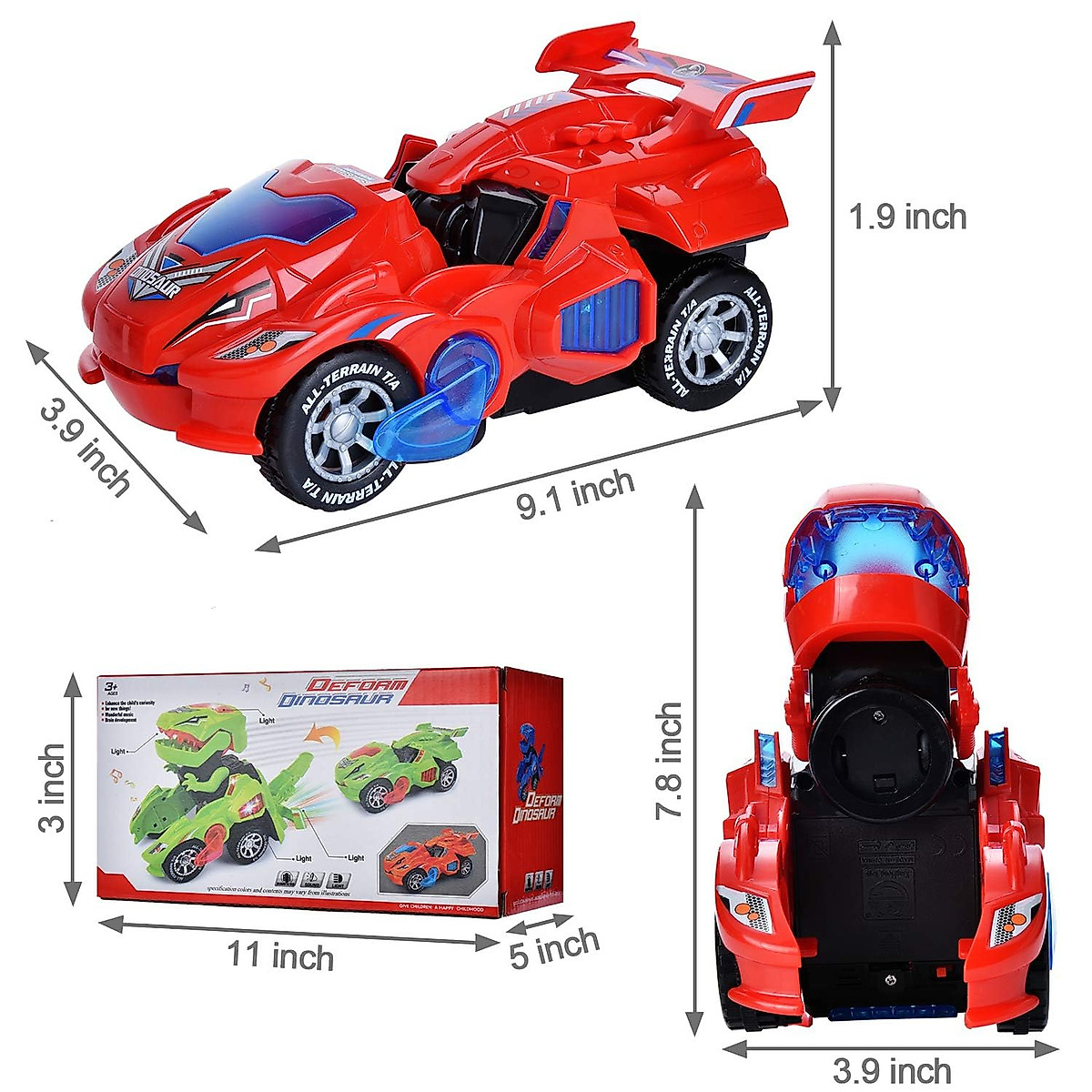 Sunnhan Transforming Toys, 2 in 1 Transforming Dinosaur LED Car Dinosaur Transform Car Toy Automatic Dinosaur Dino Transformer Toy Car Lamps for Kids,Toddlers ( Ages 3-12, Red)