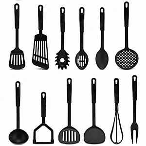 Tezzorio 12 3/4 inch Pot Fork, 410ºF Heat Resistant Black Nylon 2-Prong Meat Cooking Fork with Ergonomic Handle, Made for Carving and Serving Meat, Kitchen Gadgets for Serving and More