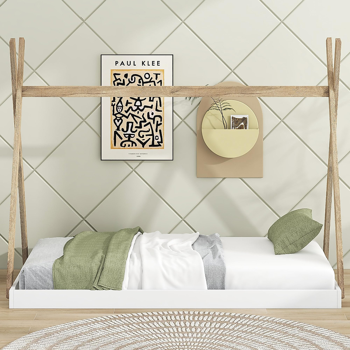 Merax Twin Wood Teepee Bed, Cute Floor Tent Bed for Kids Boys Girls,Easy Assemble White/Natural