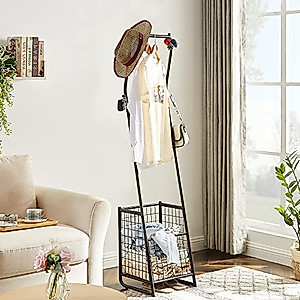 VECELO Metal Coat Rack Stand with Anti-Drop Design, Space Saving Hall Trees with Steel Basket,Small Garment Organizer with 2 Handy Cloth Rails and Slipper Space, Rectangle, Rustic Brown