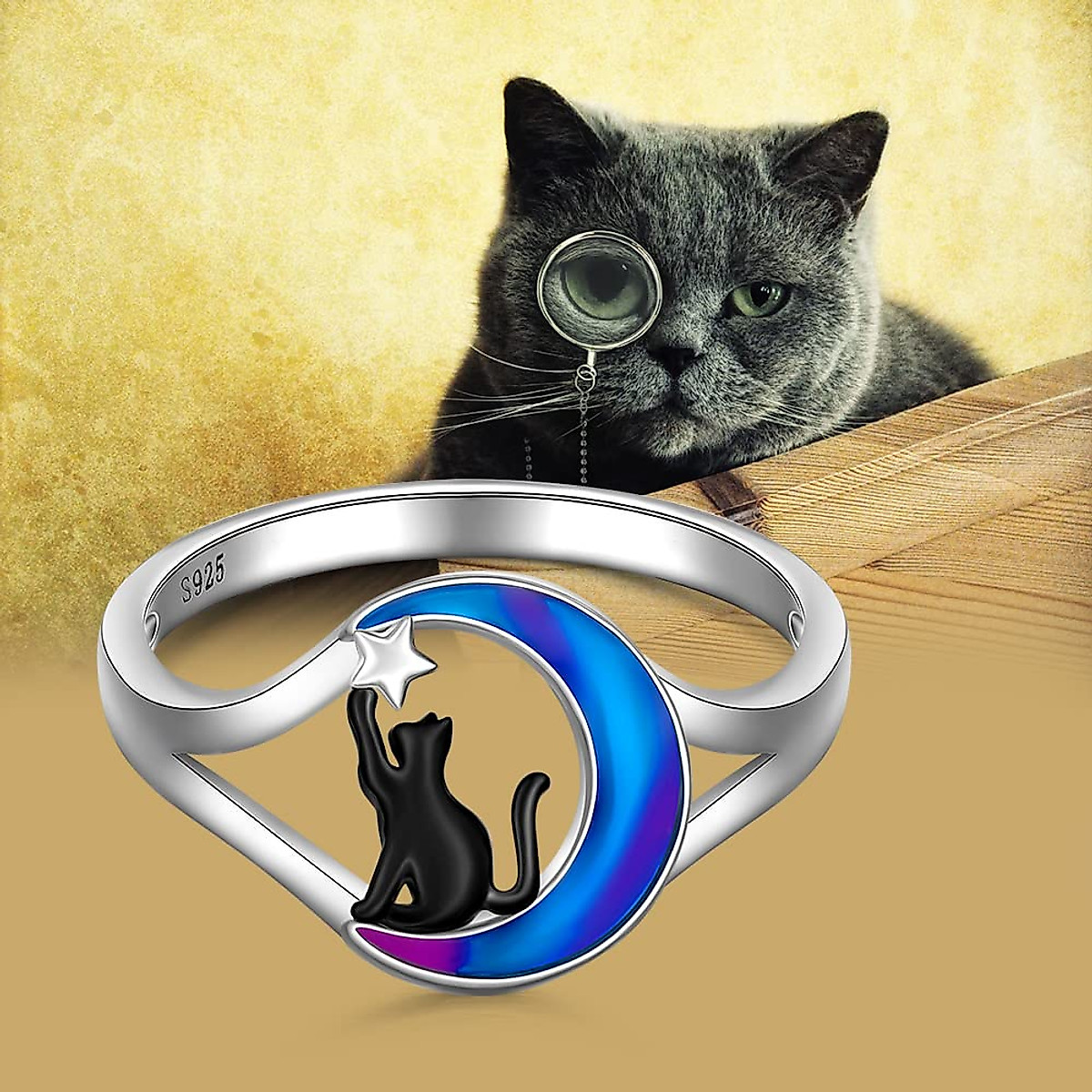 Black Cat Ring Sterling Silver Cat Rings for Women 925 Cute Animal Kitty On Moon White Gold Pet Remembrance Memorial Loss Jewelry Gifts Size 8
