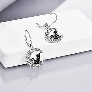 SHEAISRS Black Cat Earrings for Women 925 Sterling Silver Celtic Moon Leverback Earrings Crescent Moon Earrings Dangle Black Cat Jewelry