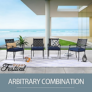 Festival Depot 4 Piece Outdoor Patio Furniture Outdoor Wrought Iron Dining Chairs Set for Porch Lawn Garden Balcony Pool Backyard with Arms and Cushions (4Pcs) (Blue)