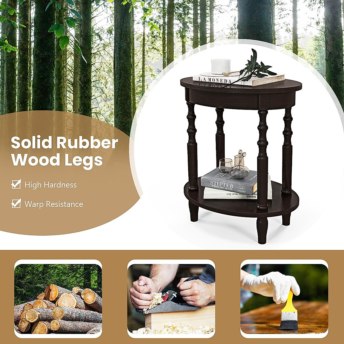 GOFLAME 2-Tier Oval End Table, Sofa Side Table with Storage Shelf, Solid Wood Legs, Modern Accent Table, Compact Nightstand for Living Room, Bedroom, Small Space, Espresso