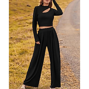 BTFBM Women's 2 Piece Tracksuit Outfits Cutout Long Sleeve Crop Top Wide Leg Pant Ribbed Knit Sweatsuits Yoga Lounge Set(Solid Black, X-Large)
