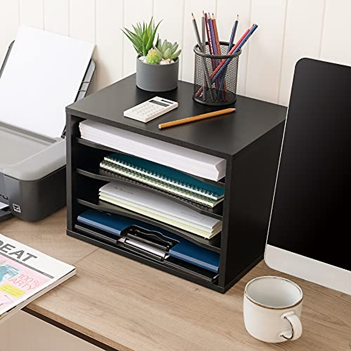 FITUEYES Wood Desk Paper Organizer with 4 Tiers Storage, Desktop File Holder, Document Letter Sorter Tray with Adjustable Shelves, Home Office Wooden Mail Rack, Black