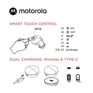 Motorola Moto Buds 250-True Wireless Bluetooth Earbuds with Microphone and Wireless Charging Case - IPX5 Water Resistant, Smart Touch-Control, Lightweight Comfort-Fit, Clear Sound, Deep Bass - White