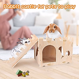 BWOGUE Extra Large Wooden Rabbit Castle Bunny House and Hideouts Detachable Small Animal Play Hideaway Hut for Indoor Adult Rabbit Guinea Pig Chinchilla Habitat