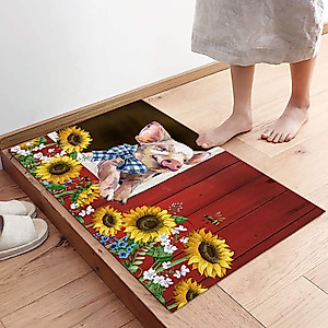 BestLives Kitchen Rug Sets Farmhouse Sunflower Pig 2 Piece Non-Slip Kitchen Mat Rustic Farm Barn Doormat Area Runner Carpet Set Absorbent Bath Floor Mat 15.7x23.6in+15.7x47.2in