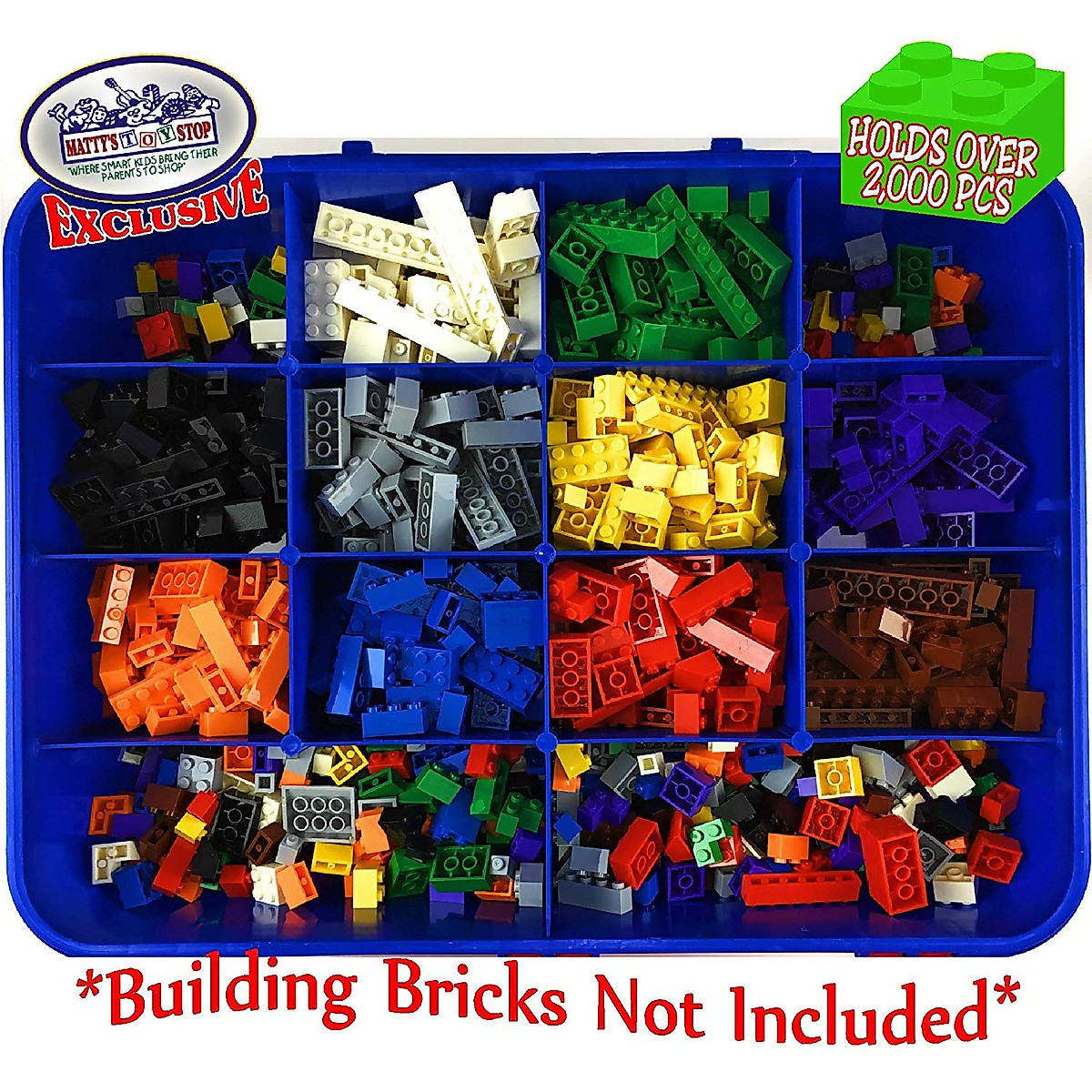 Matty's Toy Stop Brik-Kase 2.0 Travel, Building, Storage & Organizer Container Case with Building Plate Lid (Holds Approx 2000pcs) - Compatible With All Major Brands (Blue, Red & Gray)