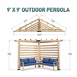 Endark 9x9 FT Solid Wood Pergola with Corner Seating and Table, Outdoor Patio Corner Pergola with Cushioned Sofa for Garden, Backyard, Poolside