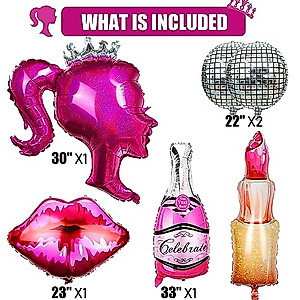 13pcs Hot Pink Princess Girl Doll Foil Balloon Lip Letter LETS GO Party Silver Disco ball Balloon Photo Prop For Barbie Theme Party Decorations Backdrop Bachelorette Party Adult Women Birthday Supply
