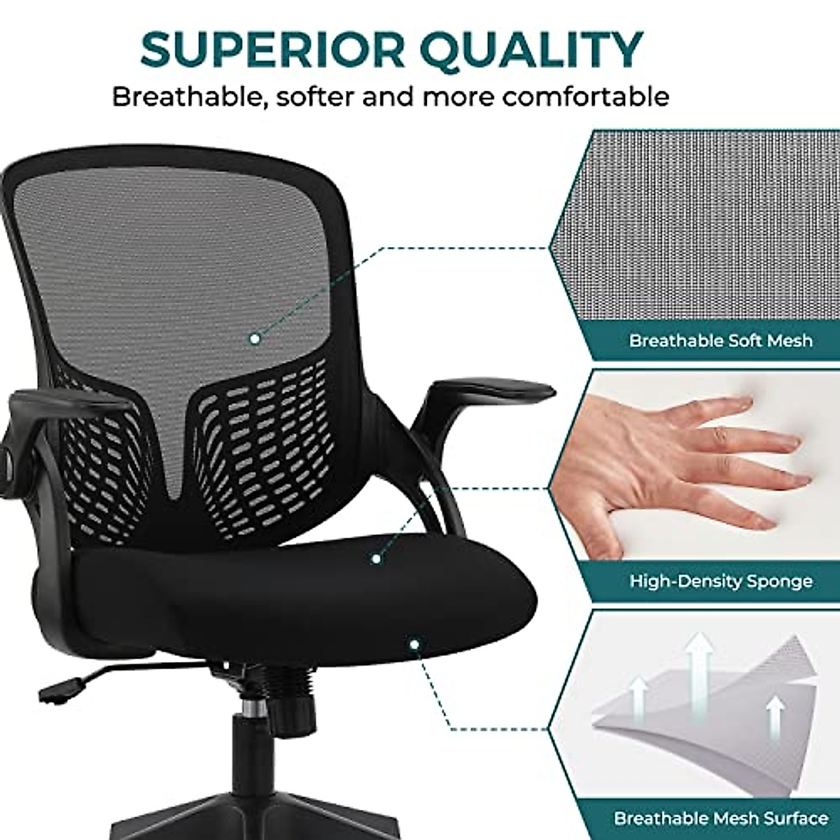 Ergonomic Desk Chair Mesh Home Office Chair with Flip Up Armrests Mid Back Computer Chair Lumbar Support Adjustable Swivel Task Chair, Black