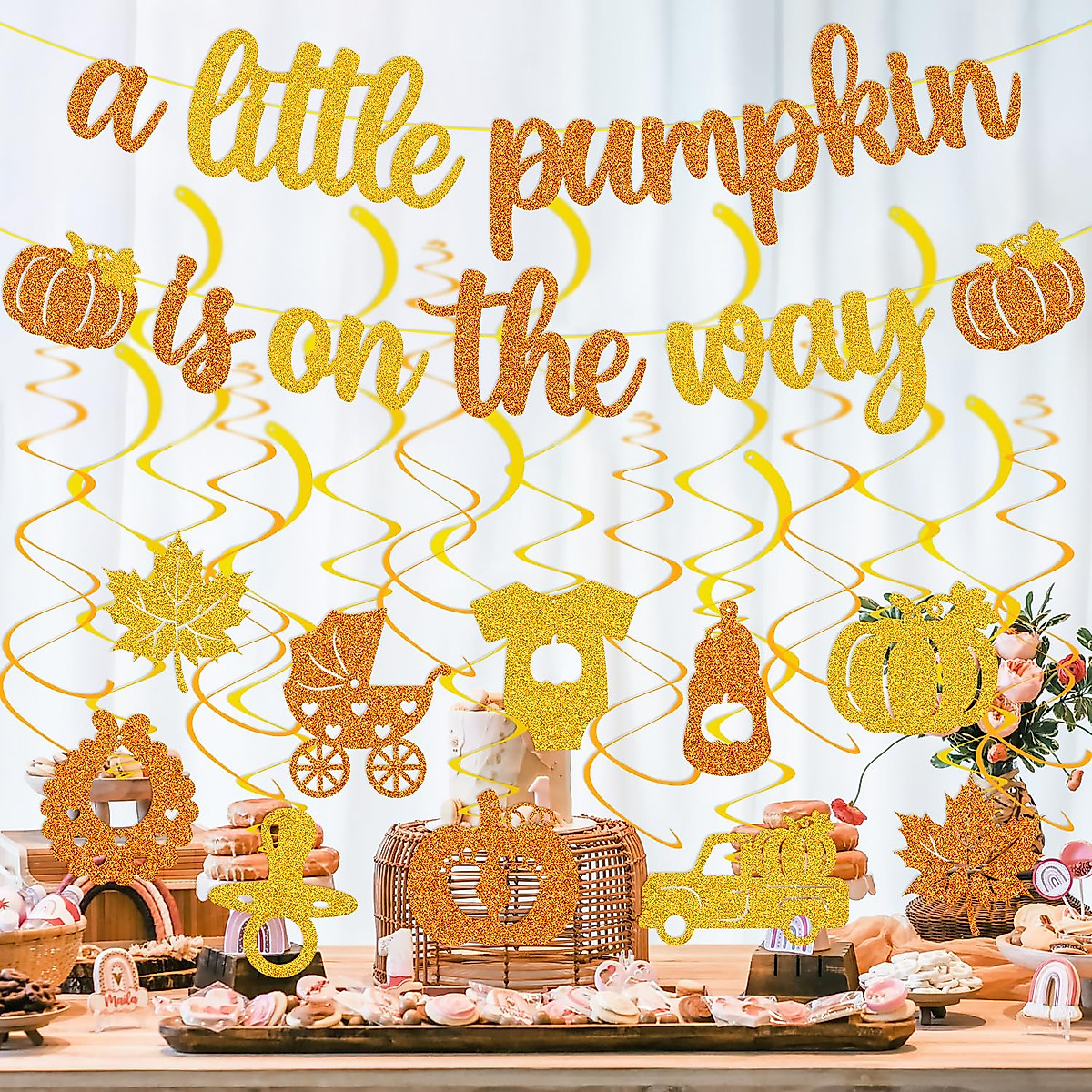 Pumpkin Baby Shower Decorations A Little Pumpkin is on The Way Banner Glitter Orange Baby Shower Hanging Swirls Party Decoration Fall Pumpkin Thanksgiving Theme Gender Reveal Birthday Party Supplies