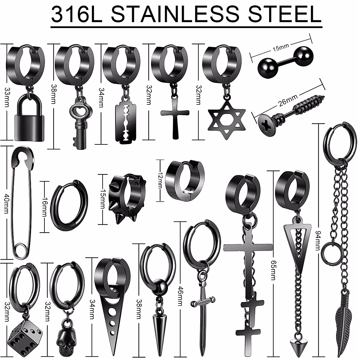 Black Cross Earrings for Men, 28 Pieces Stainless Steel Long Chain Dangle Piercing Hoop Earrings Set for Gifts (Black)