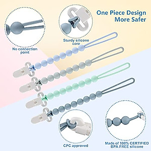 Silicone Pacifier Clip, 4 Pack One Piece Beads Pacifier Clip Holder for Baby Boys Girls, Flexible Pacifier Clips for Baby Essentials, Safe for Newborns, Teething Relief, Rust-Free Holder Clip