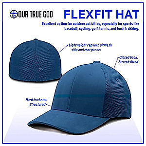Our True God Faith Over Fear Leather Patch Flexfit Hat - Baseball Cap Men Breathable Flex Fit Ultrafibre Airmesh Fitted Cap (Royal Blue, Small-Medium, m)