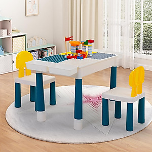 Sandinrayli 7-in-1 Kid Activity Table Set w/2 Chairs & 100Pcs Large Size Blocks, Compatible with Classic Blocks, Water/Sand Table, Building Block Table for Toddler (Macaron)