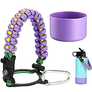 LX-SUNCX Paracord Handle and Silicone Sleeve Boot Compatible with Hydro Flask Wide Mouth Water Bottle (Daisy-Purple w/Compass+Whistle+Firestarter, 32oz-40oz)
