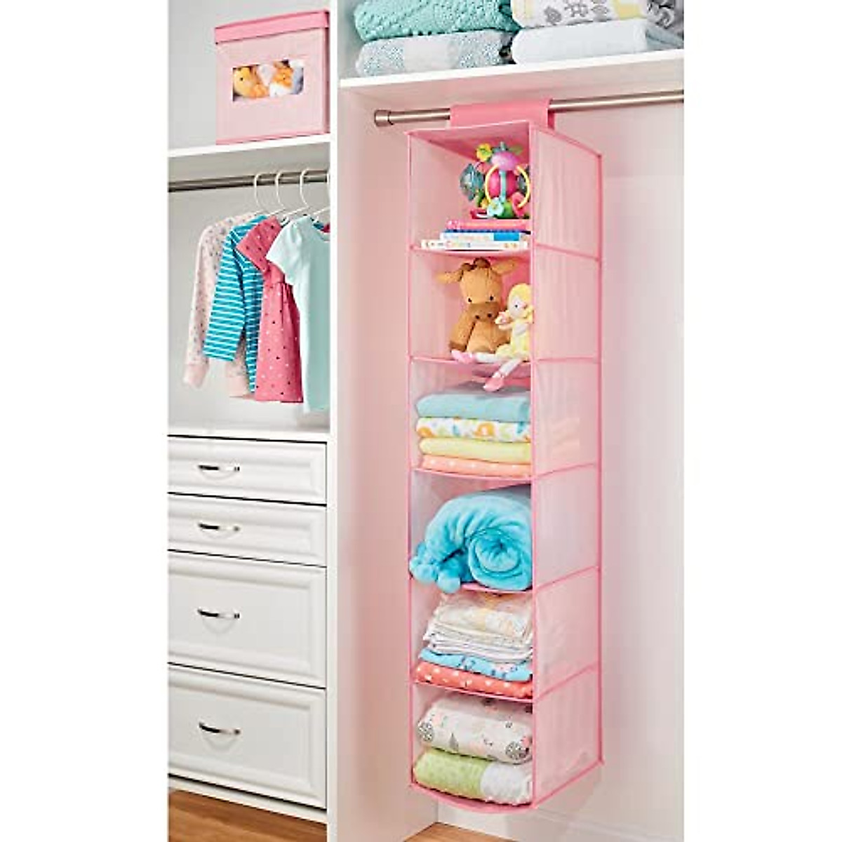 mDesign Fabric Hanging Organizer - Over Closet Rod Storage with 6 Shelves for Baby Nursery Bedroom Organization - Hold Clothes, Linens, Toys, Accessories - Pink Herringbone